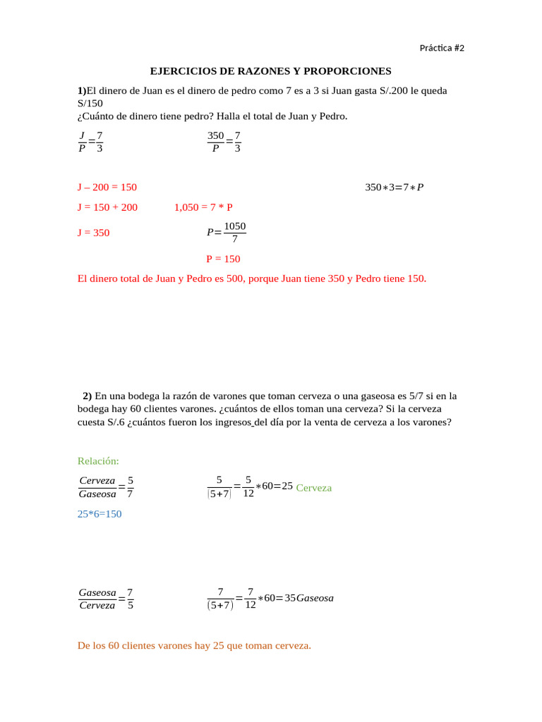No2 Ejercicios de Razones y Proporciones | PDF