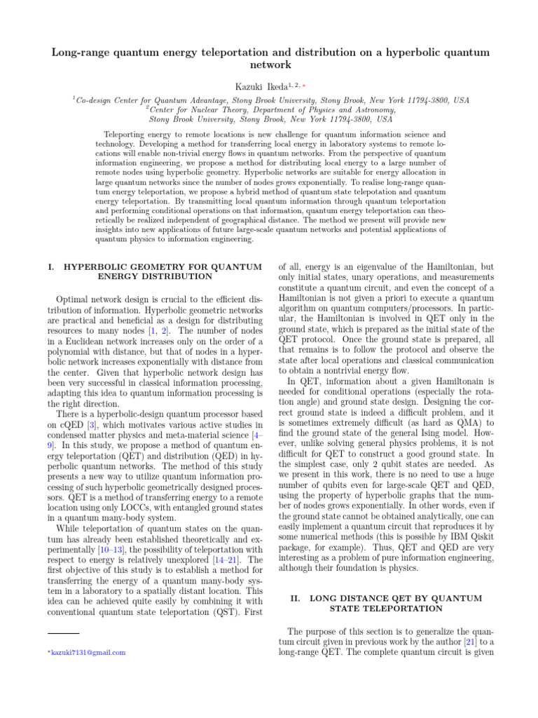 Long Range QET and Distribution on a Hyperbolic Quantum Network | PDF ...