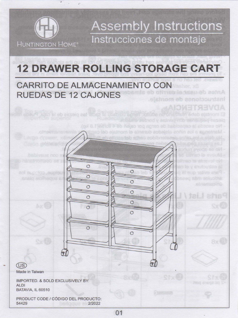 Huntington Home 12 Drawer Rolling Storage Cart_Assembly Instructions | PDF