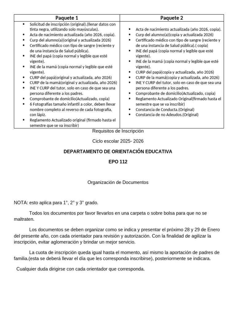 Requisitos de Inscripción 2026 Epo 112 | PDF | Certificado de nacimiento