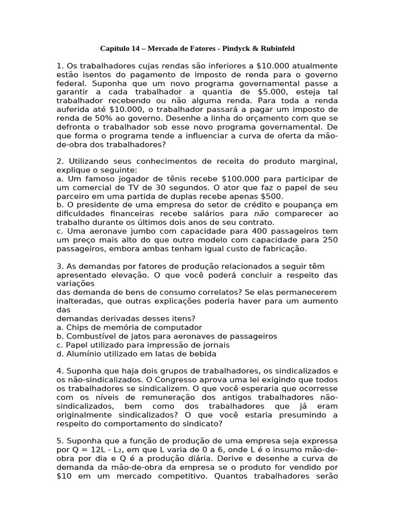 Exercícios Do Pindyck & Rubinfeld | PDF | Renda | Sindicato