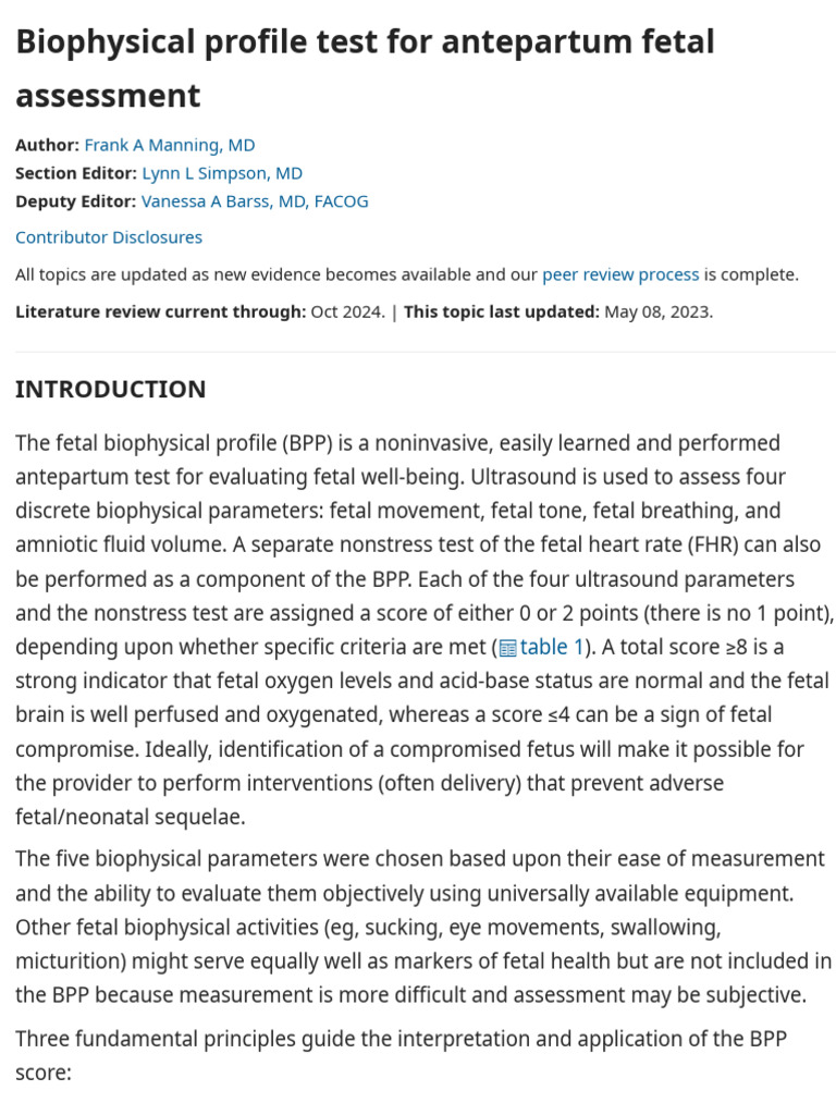 Biophysical Profile Test For Antepartum Fetal Assessment | PDF | Human ...