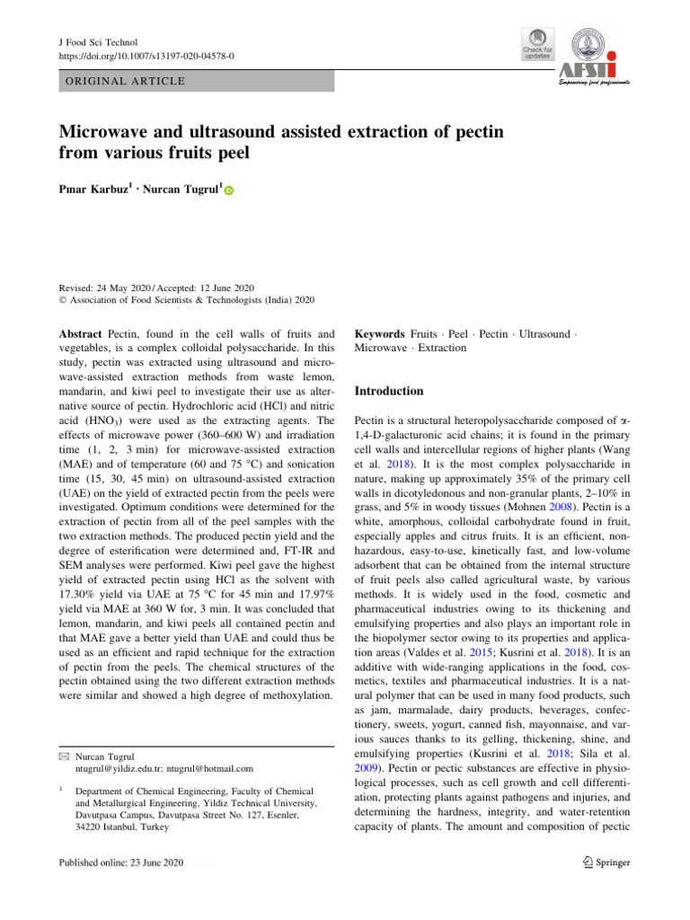 Microwave and Ultrasound Assisted Extraction of Pectin From Various ...