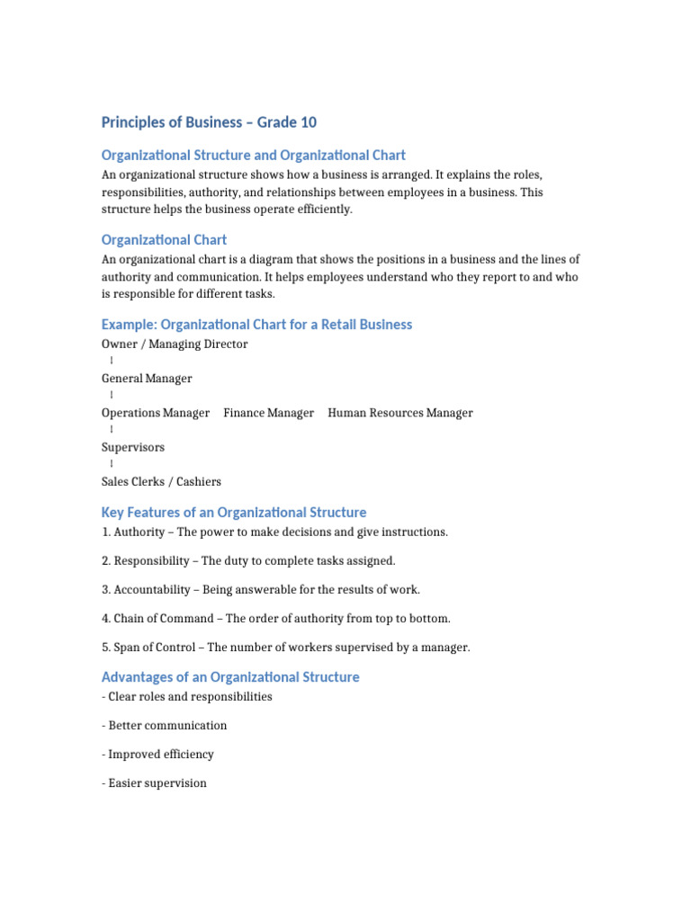 Grade 10 Organizational Structure Business | PDF
