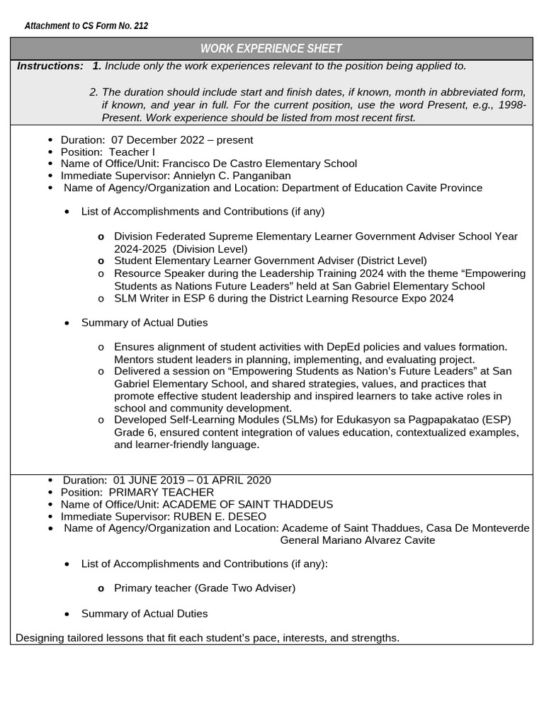 ANNEX H 2 CS Form No. 212 Attachment Work Experience Sheet | PDF ...