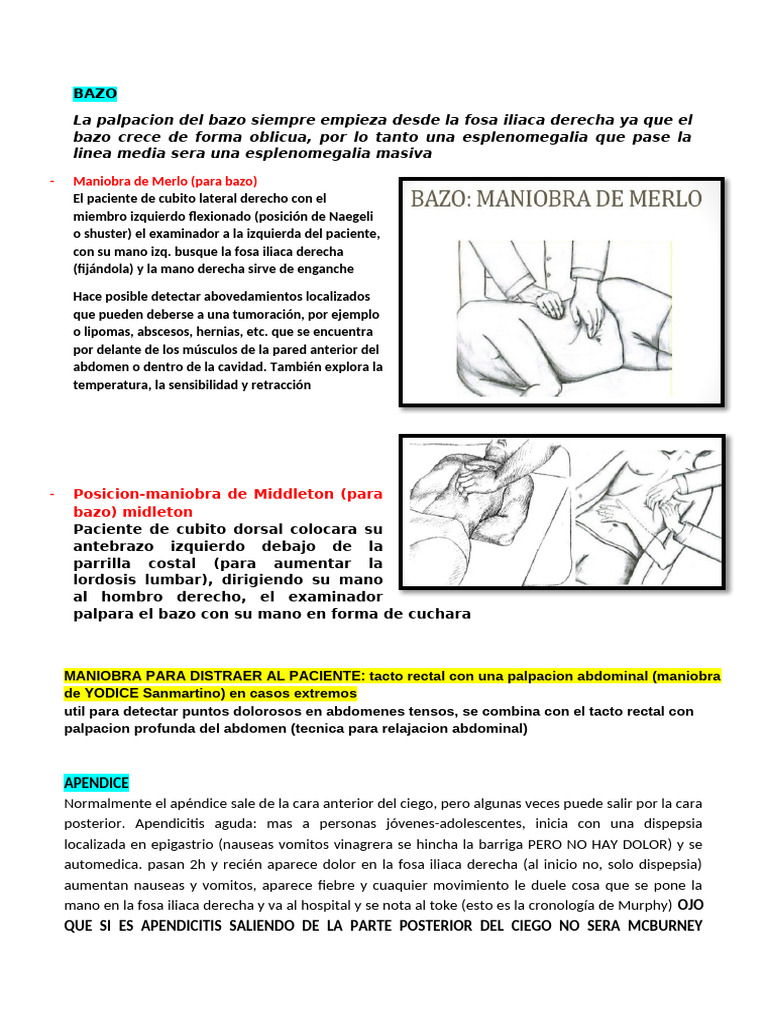 Maniobras para Palpacion de Bazo y Apendice | PDF | Abdomen | Medicina ...