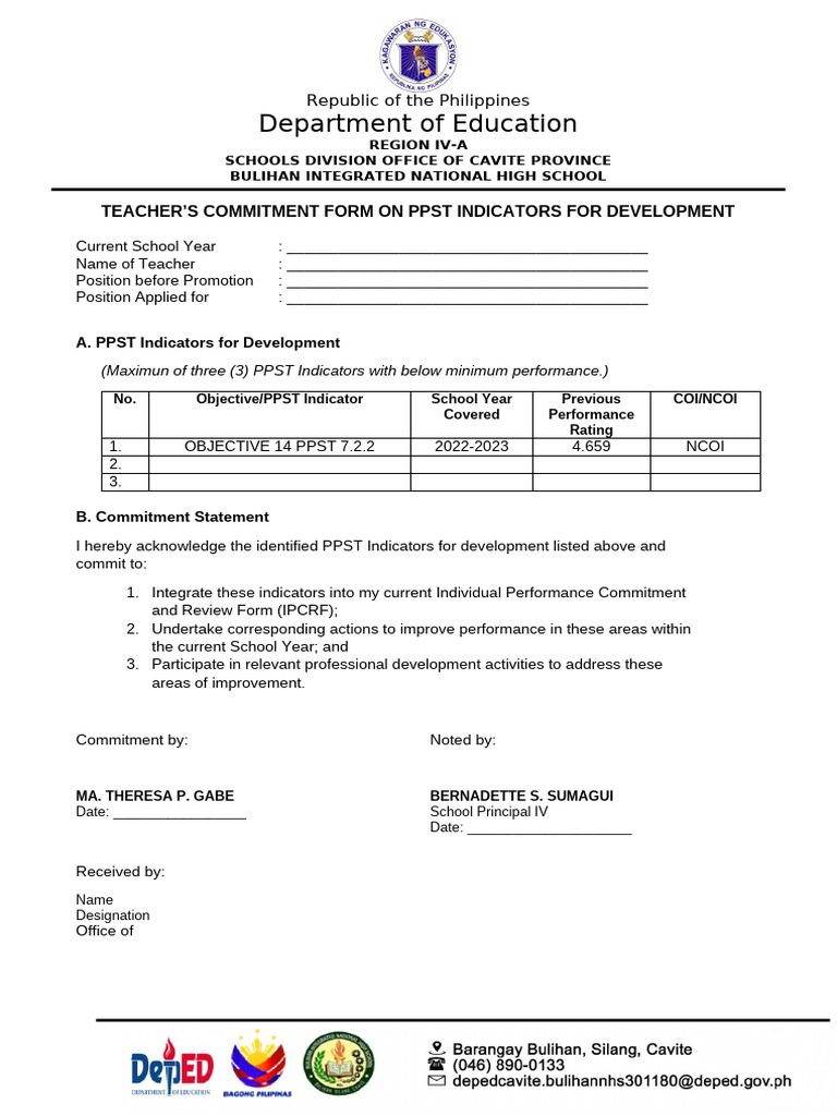 Teachers Commitment Form On PPST Indicators For Development | PDF