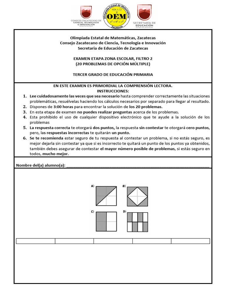 Examen Zona 3ro Primaria | PDF