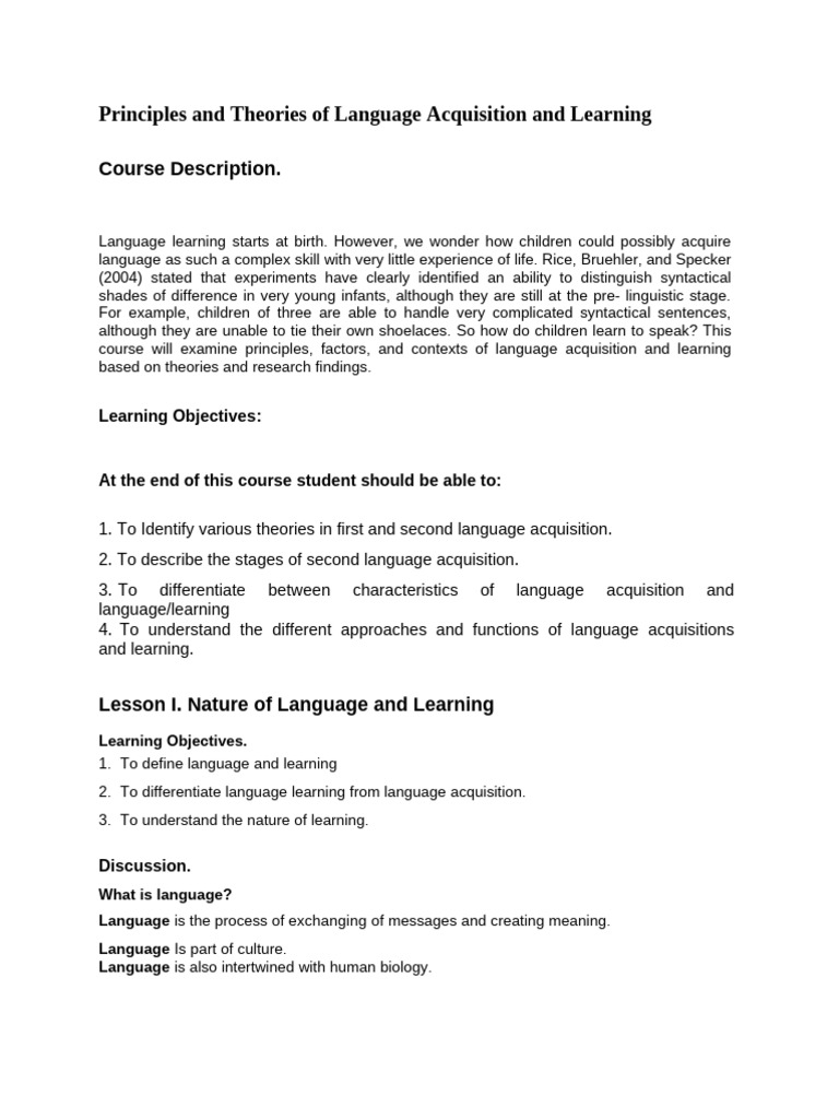 Module 1 Principles and Theories of Language Acquisition and Learning ...