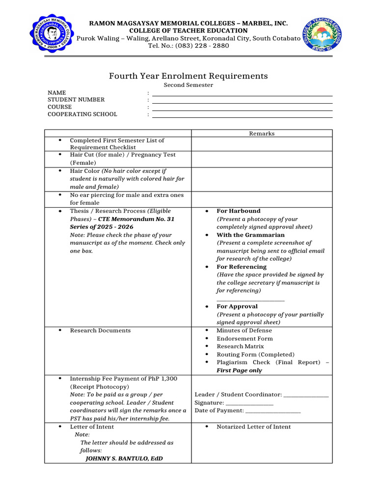 Fourth Year Enrolment Requirements | PDF