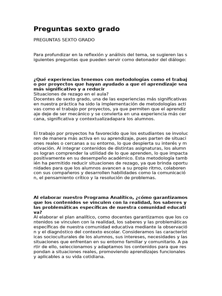 Preguntas Sexto Grado | PDF