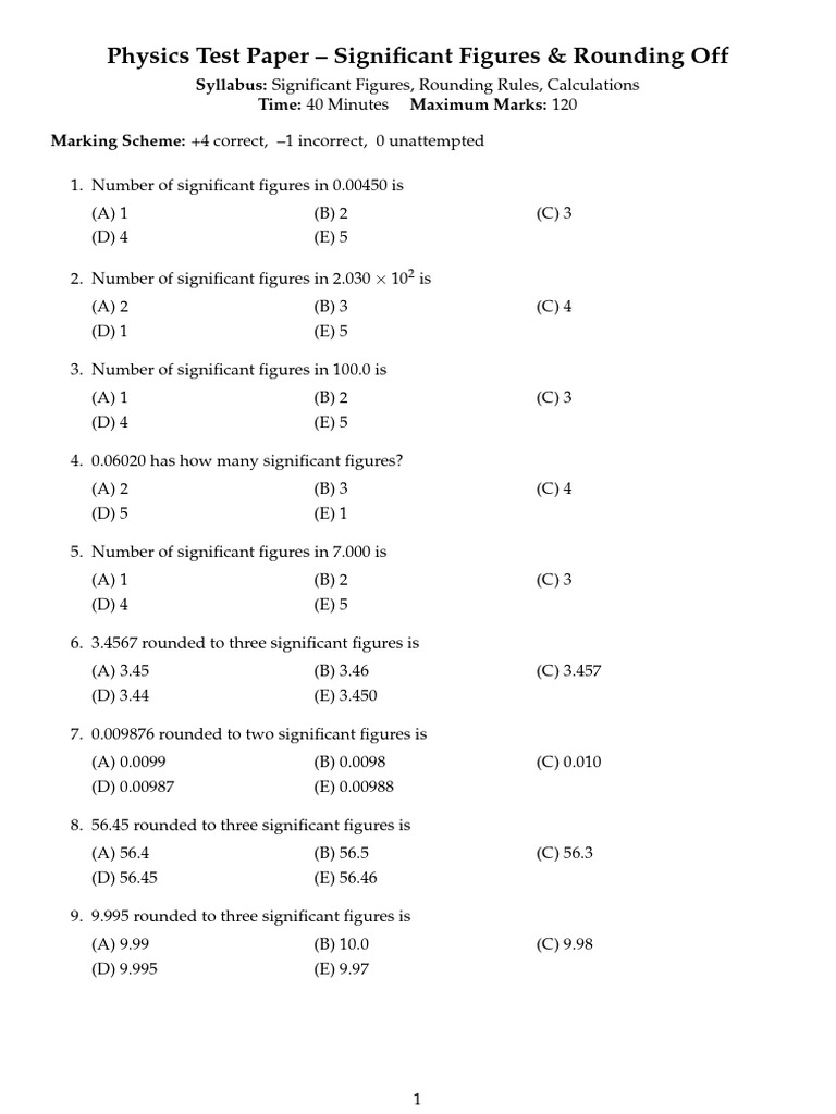 6 Test Paper Mathematical Physics Significant Figures With Key | PDF ...
