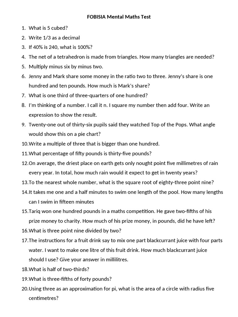 Fobisia Mental Maths Test | PDF | Area | Elementary Mathematics
