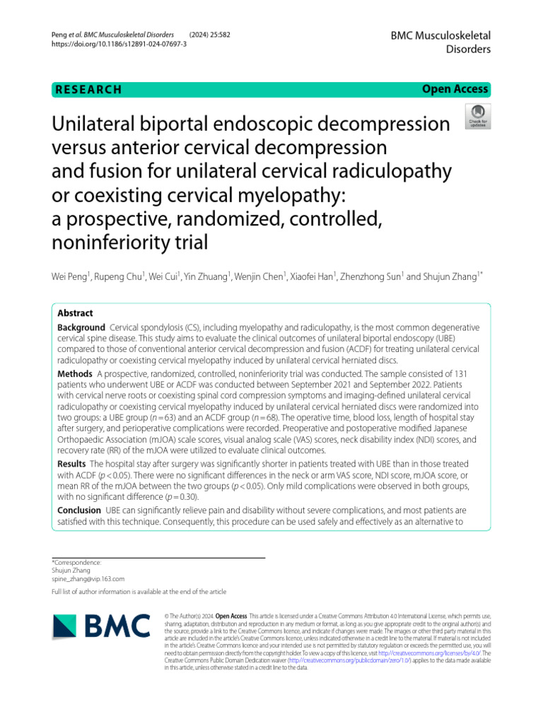 Unilateral biportal endoscopic decompression versus anterior cervical ...