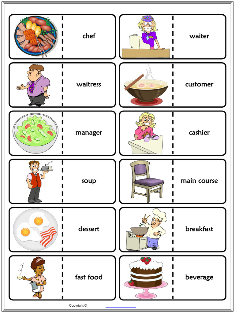 Restaurant Vocabulary Esl Printable Dominoes Game For Kids | PDF