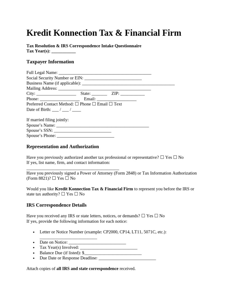 Tax Resolution & IRS Correspondence Intake Questionnaire | PDF ...