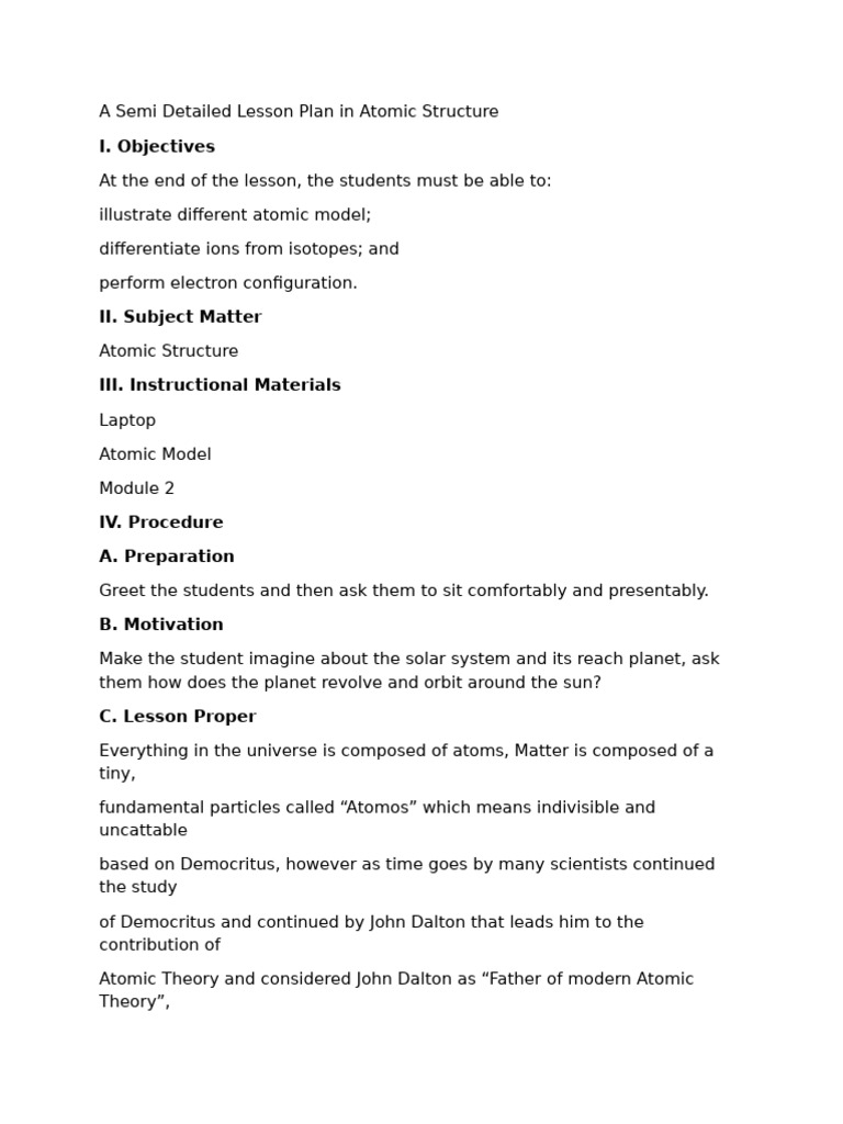 A Semi Detailed Lesson Plan in Atomic Structure | PDF | Atoms ...