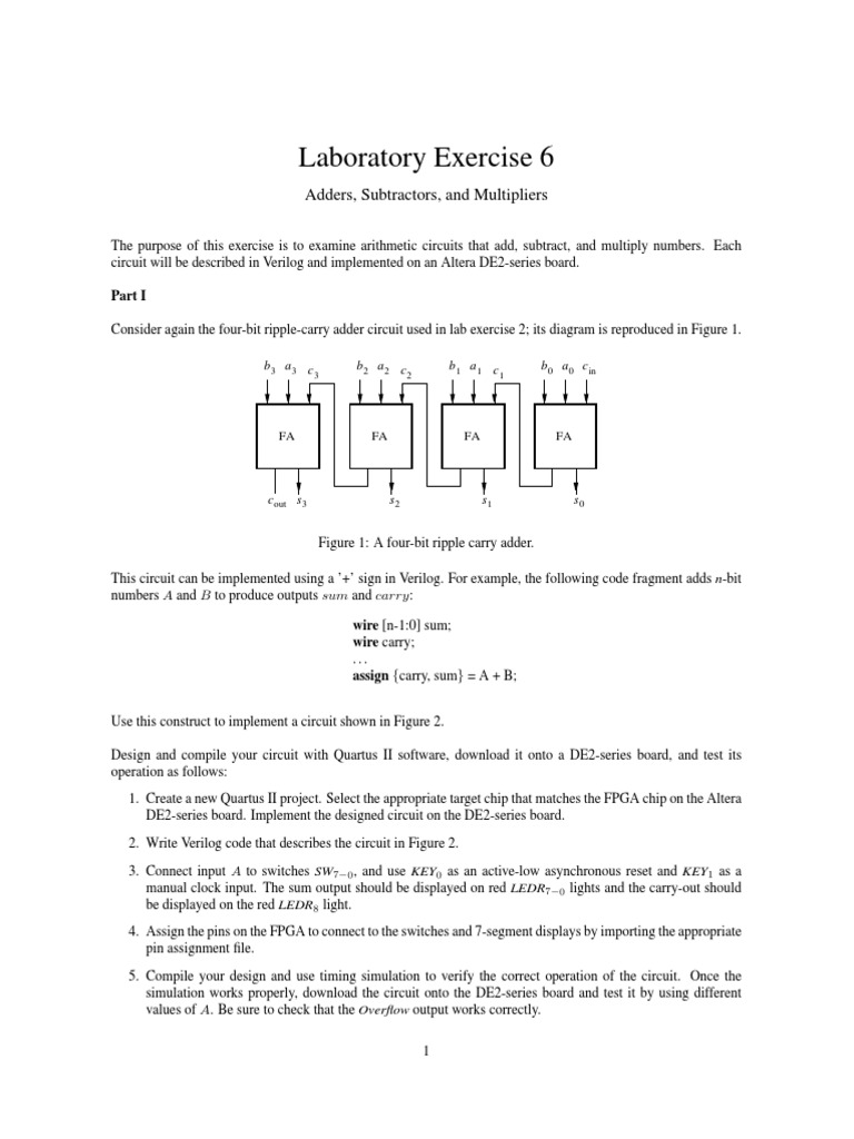 Laboratory Exercise 6: Adders, Subtractors, and Multipliers | PDF
