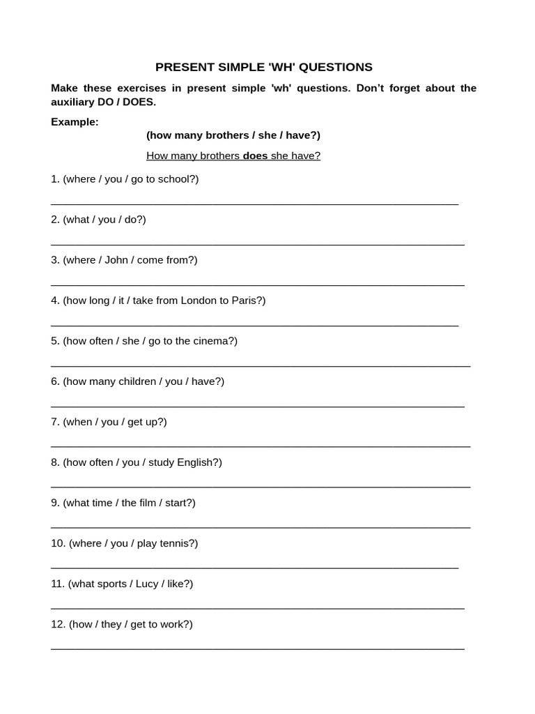 WH Questions Exercises in Simple Present Tense | PDF