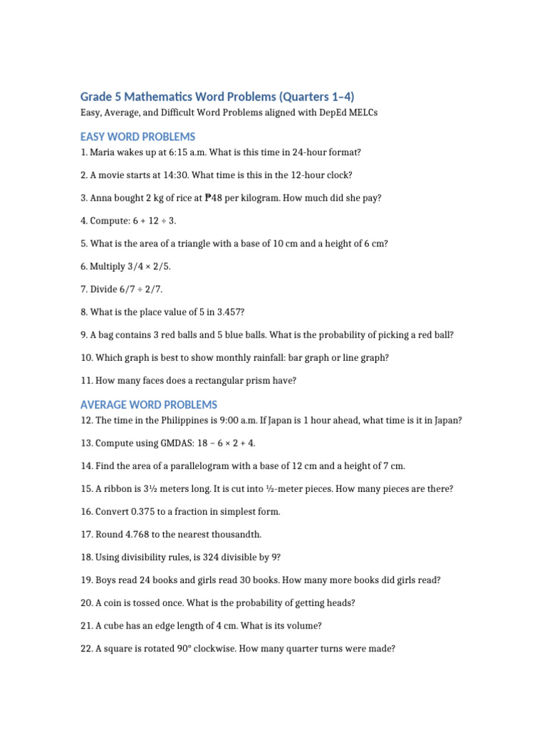 Grade 5 Math Word Problems Q1-Q4 | PDF