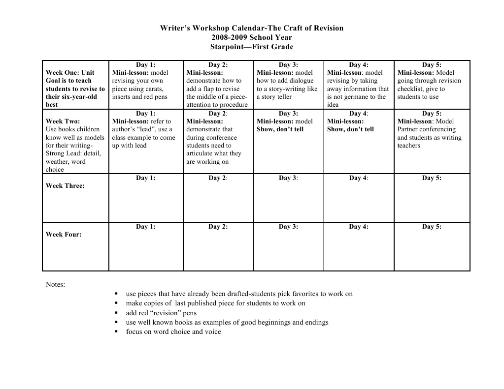 First Grade Revision Workshop Plan | PDF