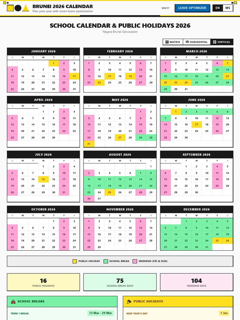 Brunei Calendar 2026 - Public Holidays & Leave Optimizer - Kalendar ...