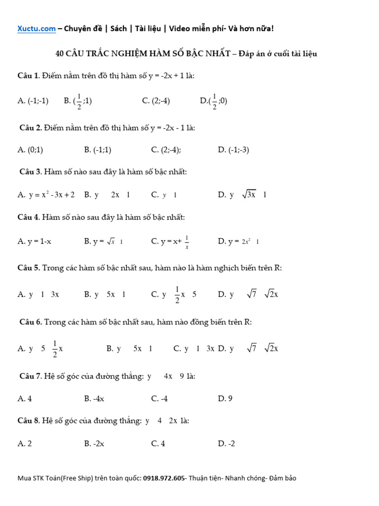 40 Cau Trac Nghiem Ham So Bac Nhat Co Dap An | PDF