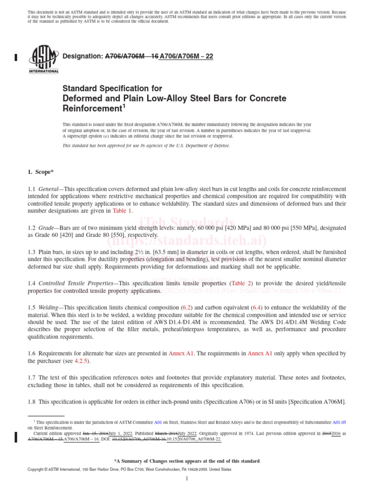 (ASTM A706-2022) Specification For Deformed and Plain Low-Alloy Steel ...