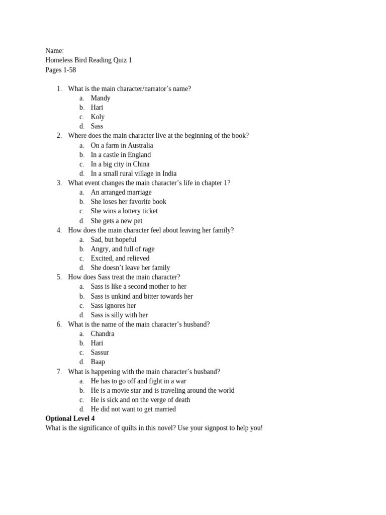 Homeless Bird Reading Quizzes | PDF