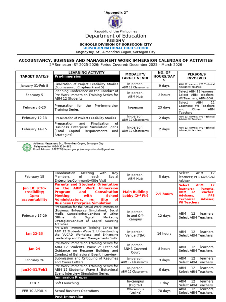 ABM Work Immersion 2026 Work Plan | PDF | Education Theory | Human ...