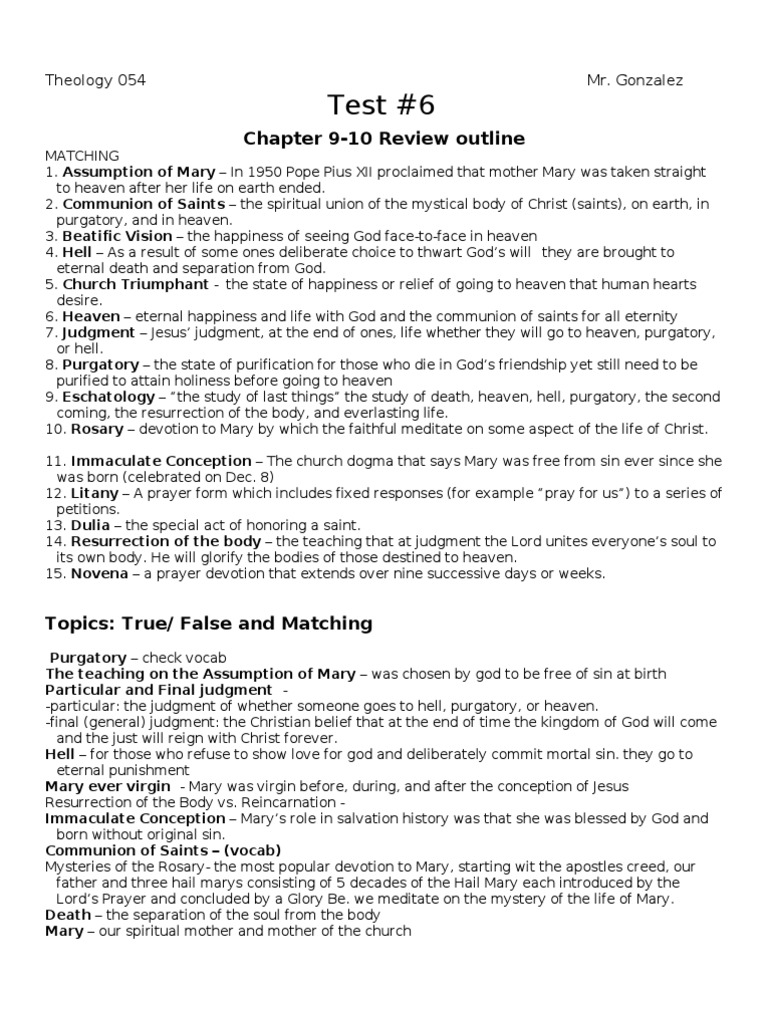 Test #6: Chapter 9-10 Review Outline | PDF | Purgatory | Mary, Mother ...