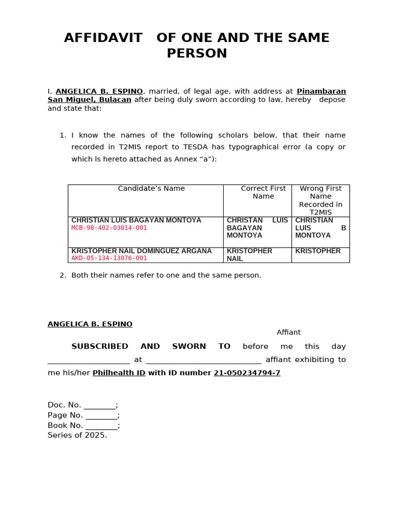 Affidavit of One and The Same Person (First Name) List | PDF