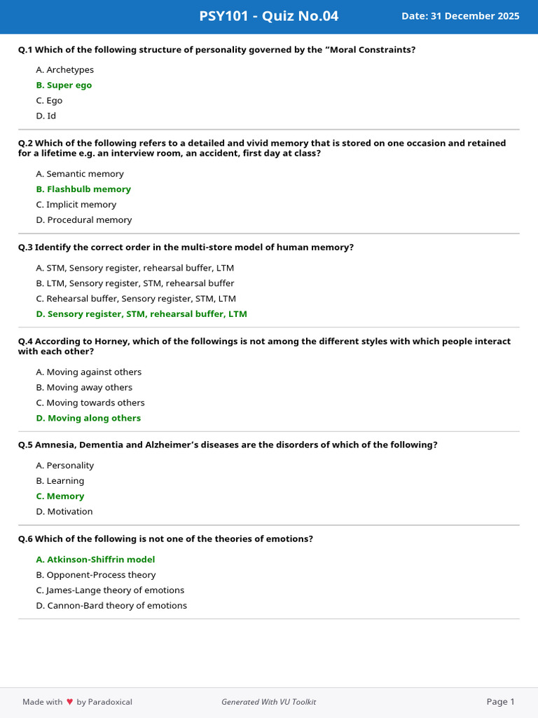 Quiz PSY101 04 | PDF | Memory | Long Term Memory