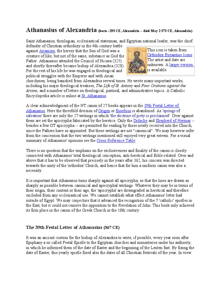 Saint Athanasius' 39th Festal Letter Establishes the Canon of Scripture ...