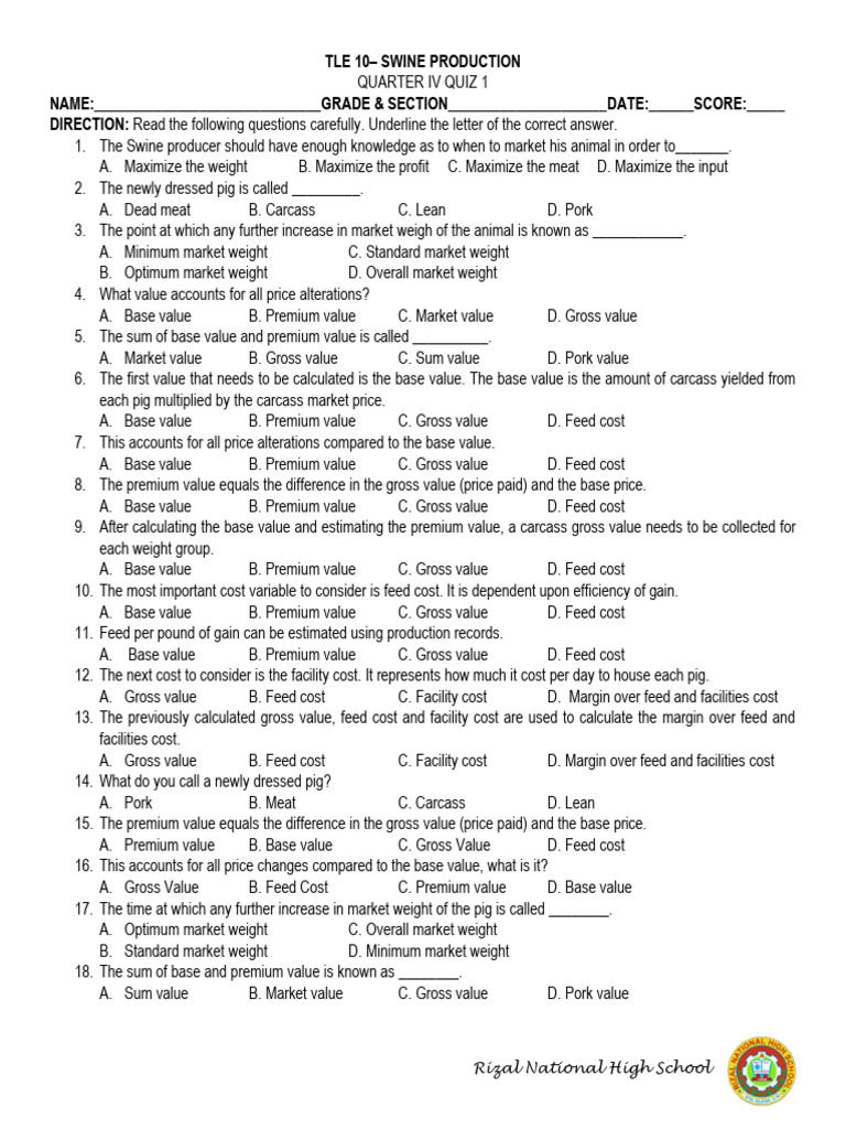 Quiz 1 Quarter 4 Swineproduction | PDF | Cost