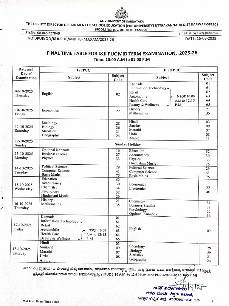 Mid Term Exam Time Table | PDF