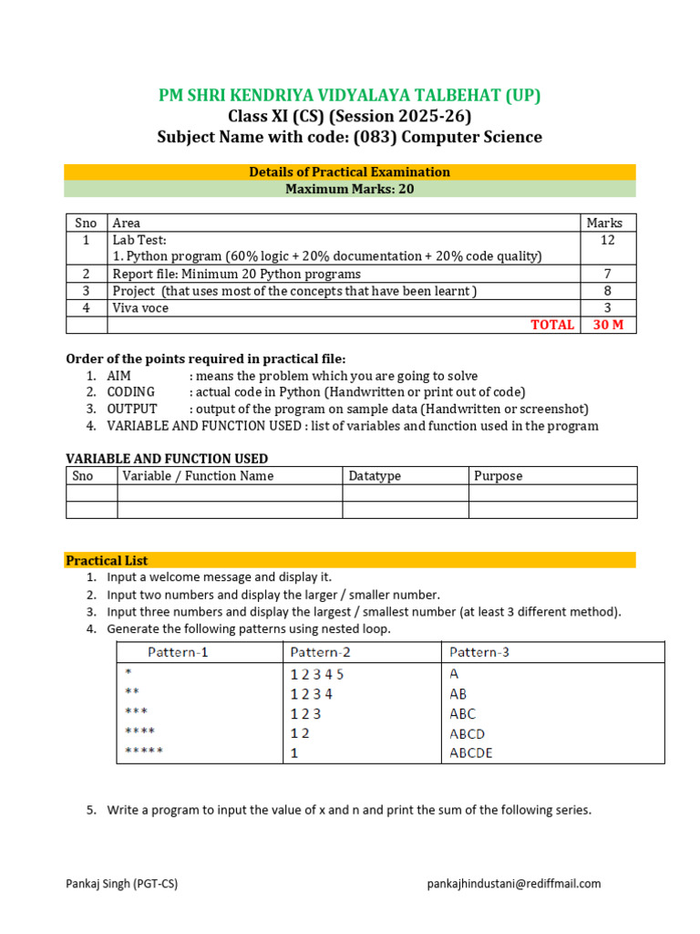 XI CS Practical List 2025-26 | PDF | Numbers | Python (Programming ...