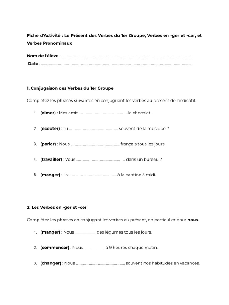Fiche D'activité - Le Présent Des Verbes Du 1er Groupe, Verbes en - Ger ...