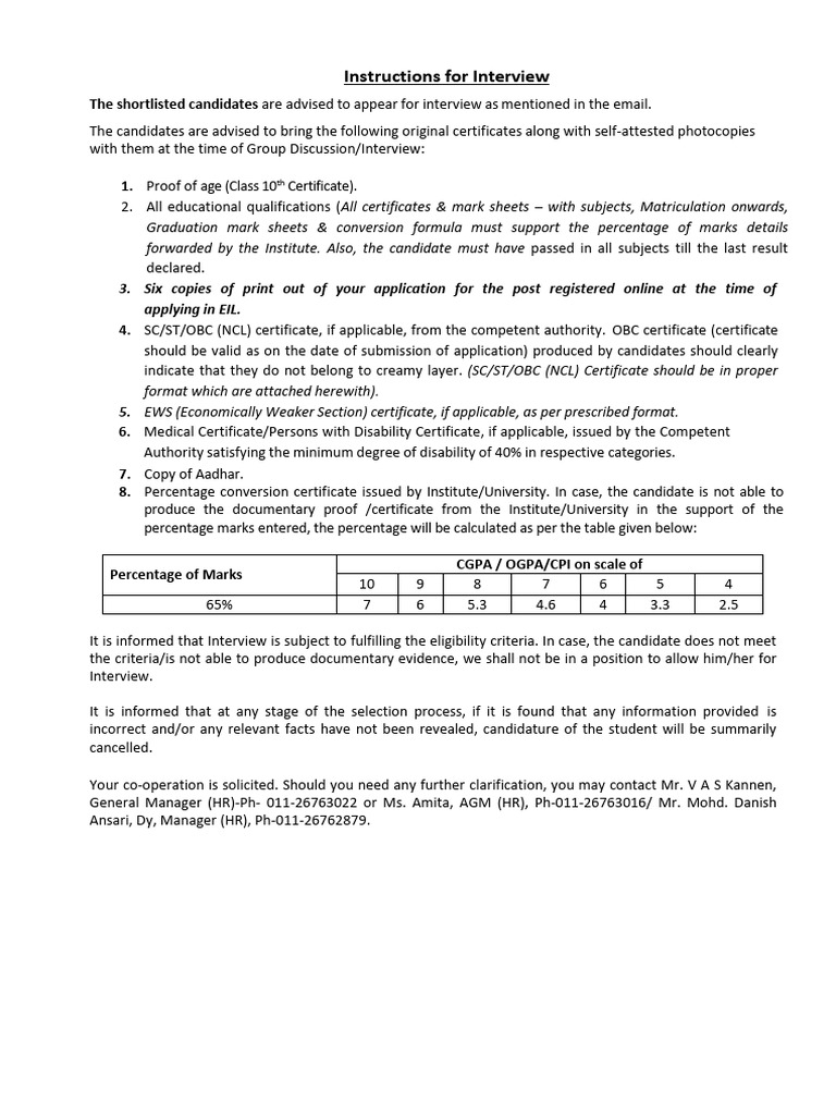 Instructions For Interview-MT 2026 EIL | PDF