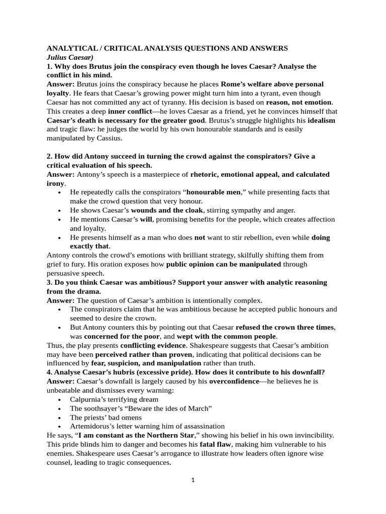 Revision Julius Caesar Analytical | PDF | Mark Antony | Julius Caesar