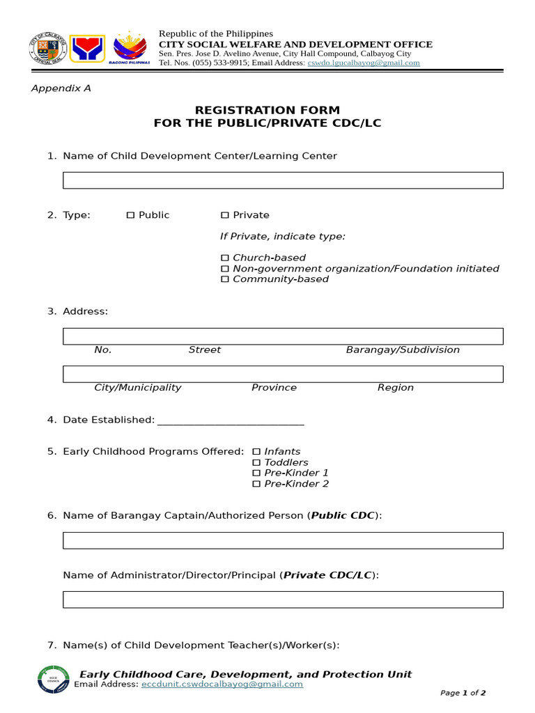 Appendix A - Registration Form For The Public or Private CDC or LC ...