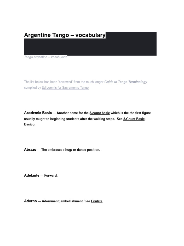 Argentine Tango - Vocabulary | PDF | Tango | Dances