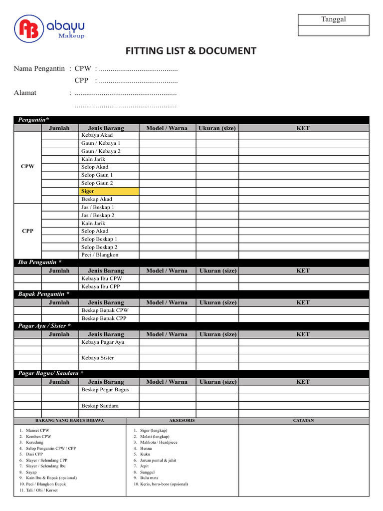 Form Fitting List & Document | PDF