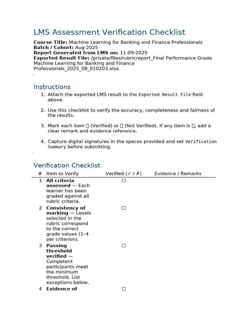 Lms Assessment Verification Checklist - Template | PDF