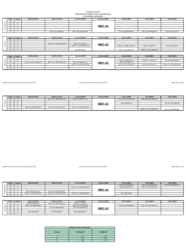68 Batch CSE Routine Spring - 26 | PDF | Ranks