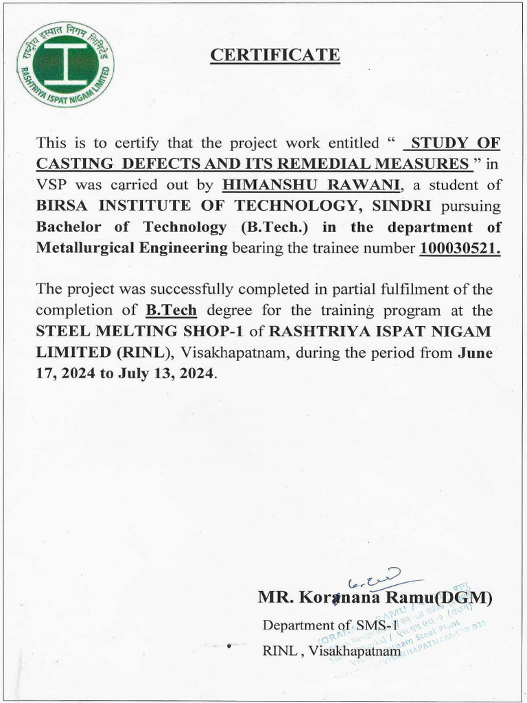 RINL Project Certificate | PDF