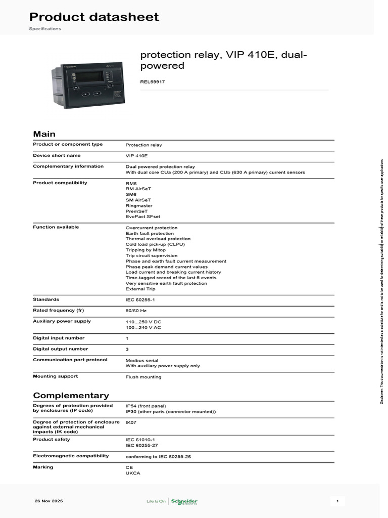 Schneider Electric - VIP - REL59917 VIP 410E, Dual-Powered | PDF ...