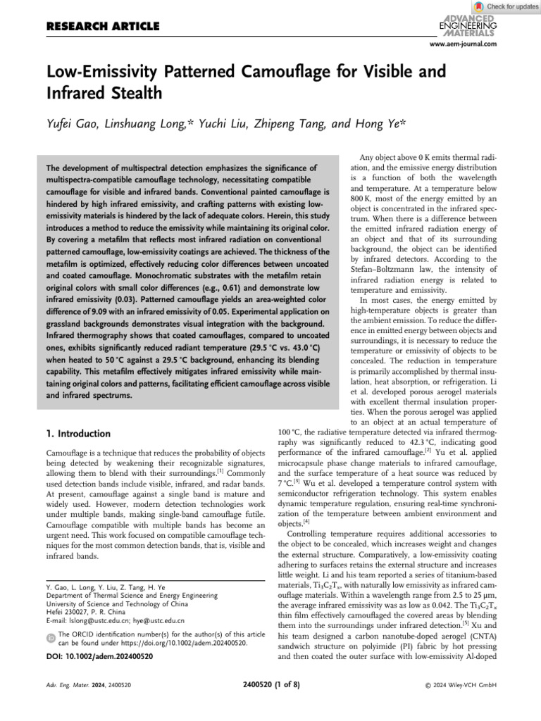 Low Emissivity Patterned Camouflage For Visible and Infrared Stealth ...