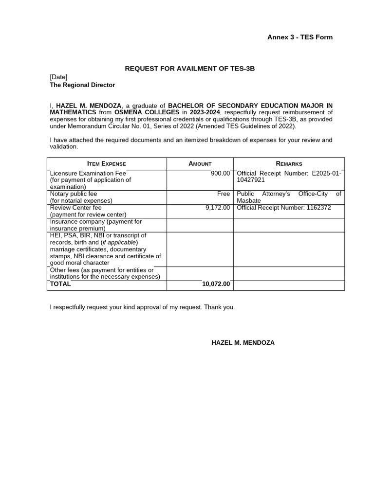Annex 3 - Letter of Availment For TES-3B and Documents and Checklist | PDF