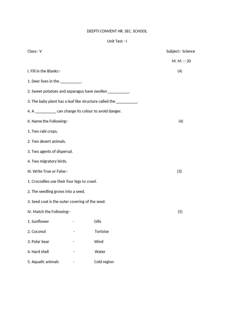 Unit Test - (Science, Class 5) | PDF